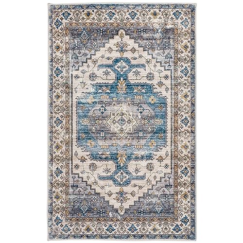 DECOMALL FINEEN 8x10 Area Rugs, Boho Rug for Bedroom, Vintage Distressed Medallion Carpet for Living Room, Beige Blue Multi, 8'x10'