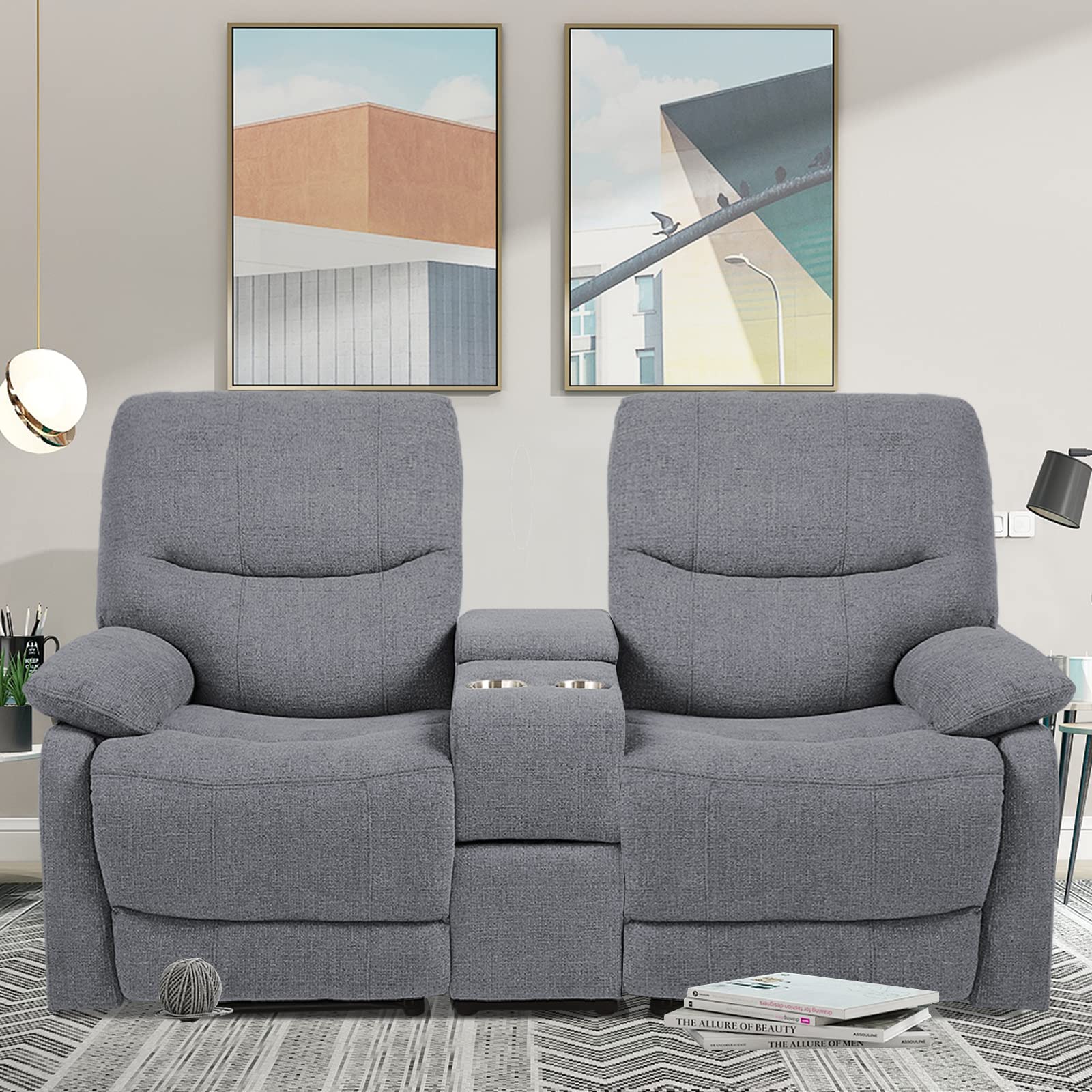 B BAIJIAWEI Double Reclining Loveseat - Fabric Home Theater Seating with Console - 2 Seater Manual Reclining Couch for Living Room, Office (Fabric- Light Grey)