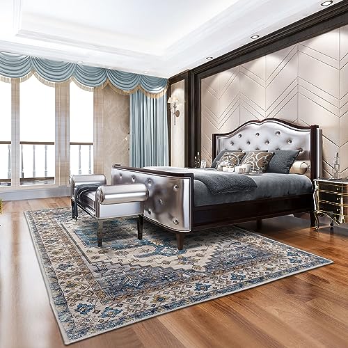 DECOMALL FINEEN 8x10 Area Rugs, Boho Rug for Bedroom, Vintage Distressed Medallion Carpet for Living Room, Beige Blue Multi, 8'x10'