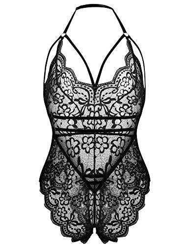 Lingerie for Women Mini Bodysuit Halter Teddy Chemise Sleepwear Scalloped Trim Lace Lingerie