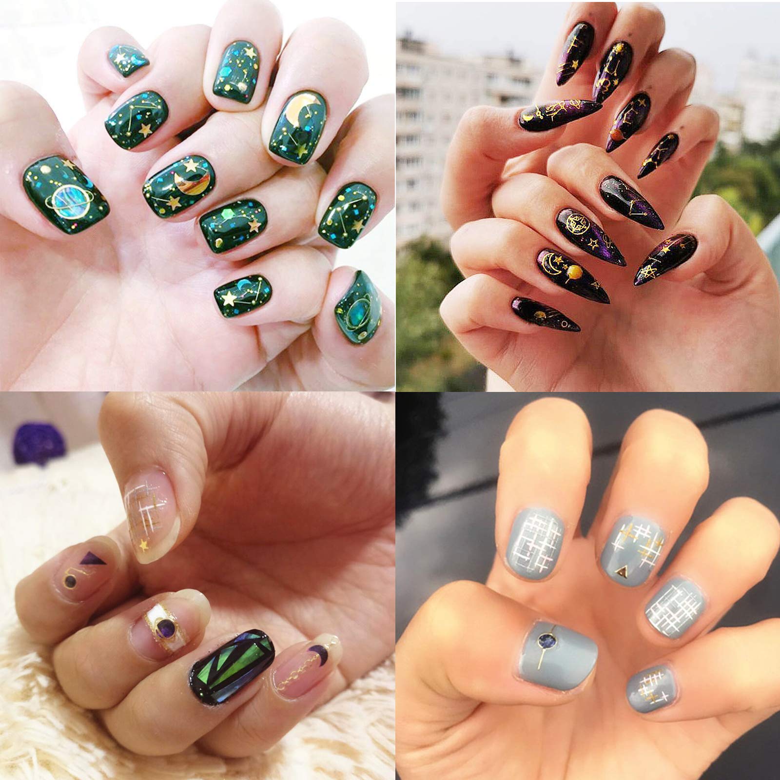 TOROKOM 12 Sheets Metallic Self-Adhesive Nail Stickers for Women, 3D Metallic Star Moon Leaf Line Nail Design Stickers Decals Manicure Fingernail Decorations Gift for Women Girls