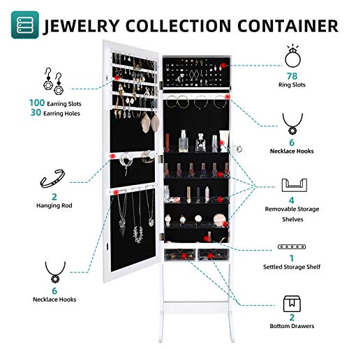 YITAHOME 2 in 1 Jewelry Cabinet with Full Length Mirror, Standing Large Capacity Jewelry Armoire Organizer with 2 Drawers, 3 Angle Adjustable, White