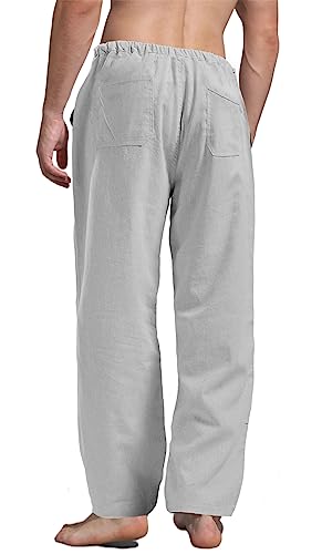 perdontoo Mens Casual Cotton Linen Pants Elastic Waist Drawstring Straight Summer Beach Pants (X-Large, Grey)