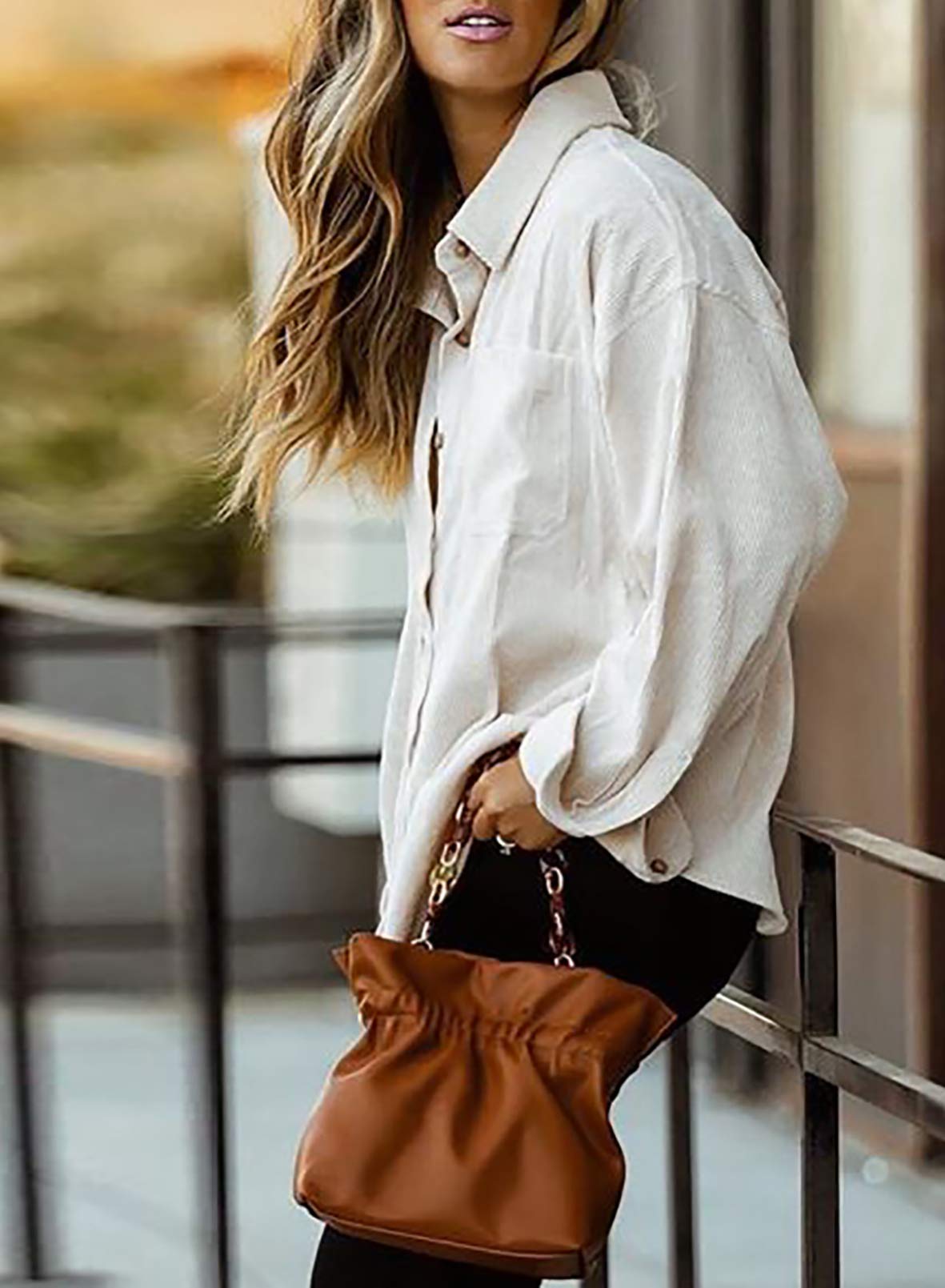 Astylish Womens Corduroy Shirts Button Down V Neck Long Sleeve Blouse Casual Roll Up Cuffed Tops with Pockets Beige S