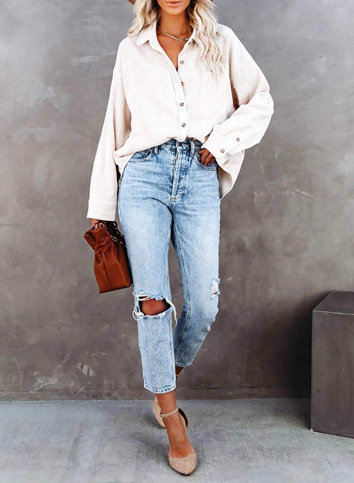 Astylish Womens Corduroy Shirts Button Down V Neck Long Sleeve Blouse Casual Roll Up Cuffed Tops with Pockets Beige S