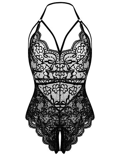 Lingerie for Women Mini Bodysuit Halter Teddy Chemise Sleepwear Scalloped Trim Lace Lingerie