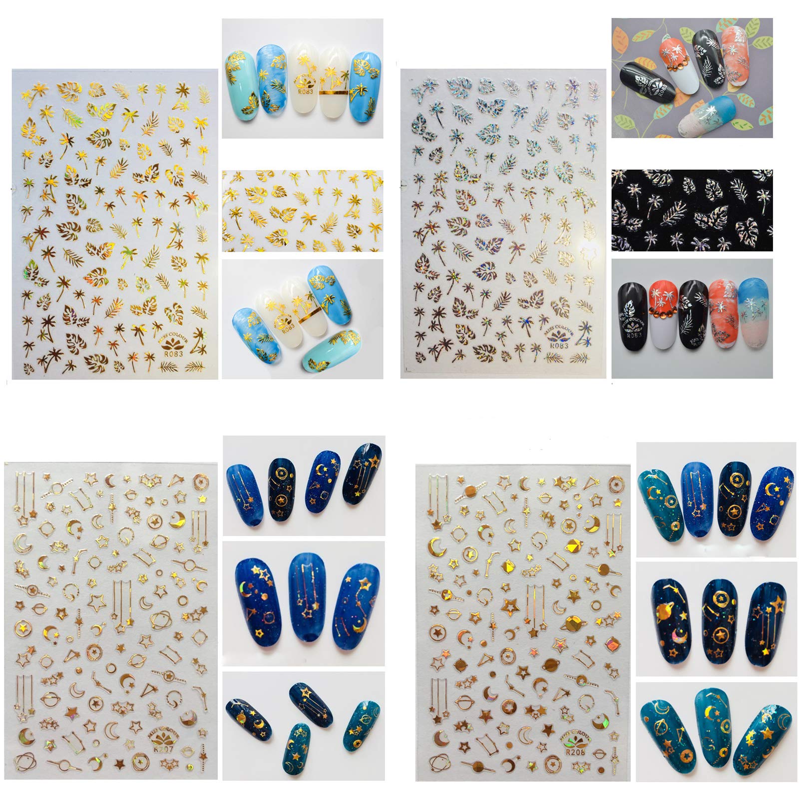 TOROKOM 12 Sheets Metallic Self-Adhesive Nail Stickers for Women, 3D Metallic Star Moon Leaf Line Nail Design Stickers Decals Manicure Fingernail Decorations Gift for Women Girls