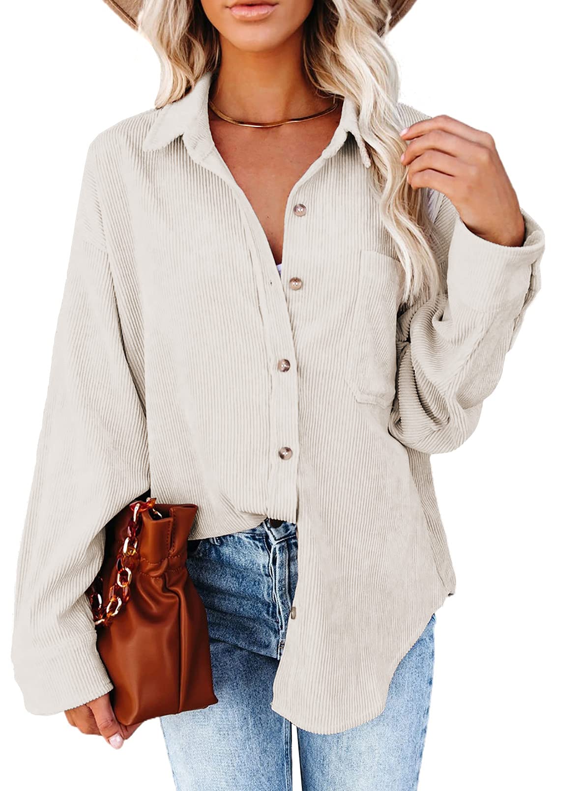 Astylish Womens Corduroy Shirts Button Down V Neck Long Sleeve Blouse Casual Roll Up Cuffed Tops with Pockets Beige S