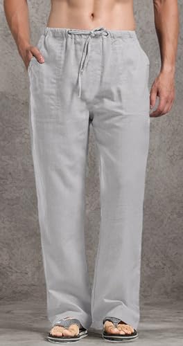 perdontoo Mens Casual Cotton Linen Pants Elastic Waist Drawstring Straight Summer Beach Pants (X-Large, Grey)