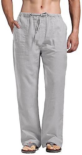 perdontoo Mens Casual Cotton Linen Pants Elastic Waist Drawstring Straight Summer Beach Pants (X-Large, Grey)
