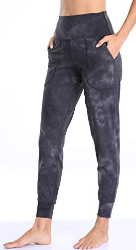 Oalka Women's Joggers High Waist Yoga Pockets Sweatpants Sport Workout Pants Tie Dye Black L