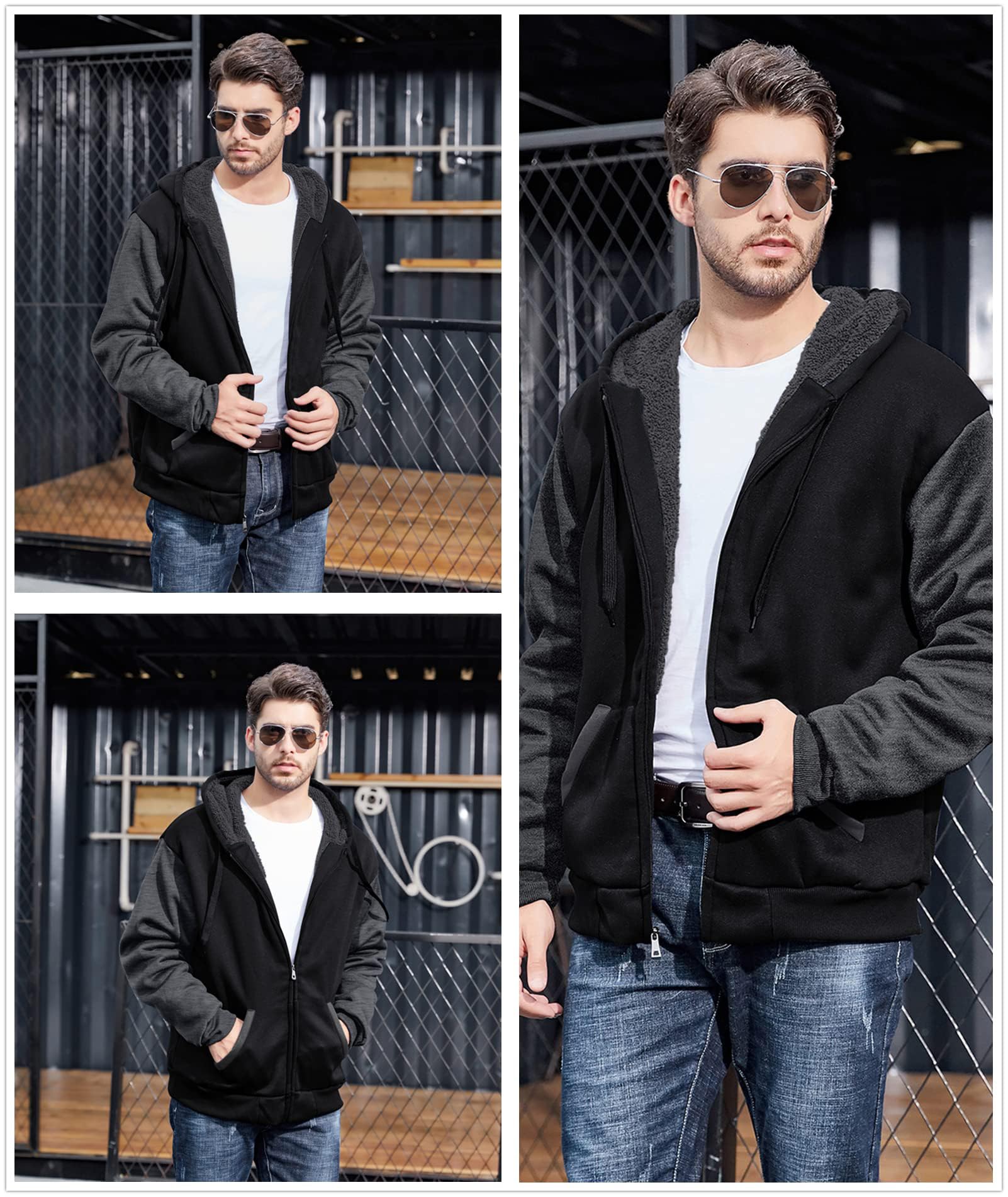 Little Beauty Mens Zip Up Hoodie Thick Fleece Lined Winter Heavyweight Hoodie Black Light Grey