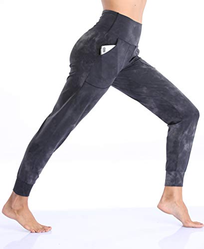 Oalka Women's Joggers High Waist Yoga Pockets Sweatpants Sport Workout Pants Tie Dye Black L