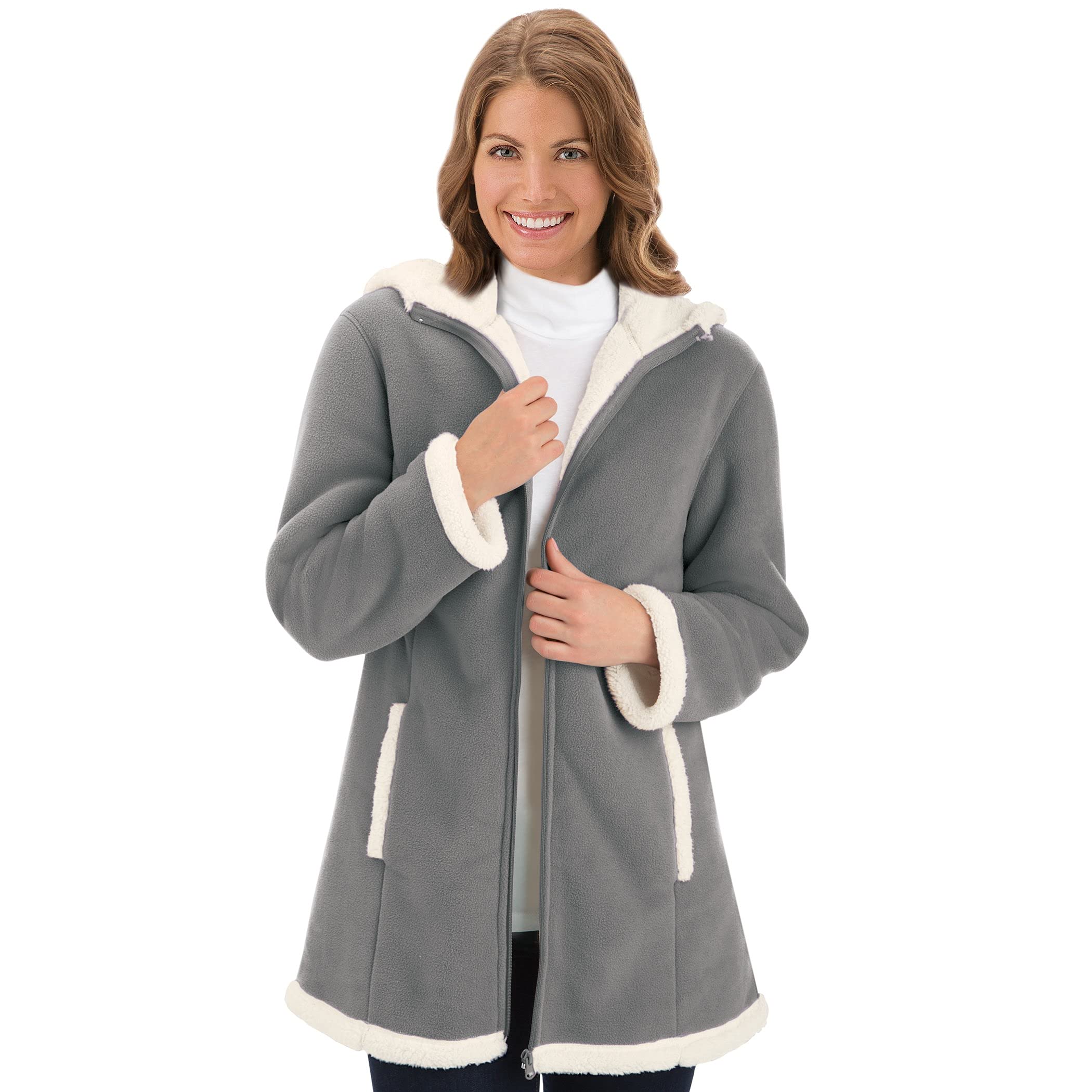 Collections Etc Women's Polar Fleece Sherpa Lined Zip Up Coat heather grey Large