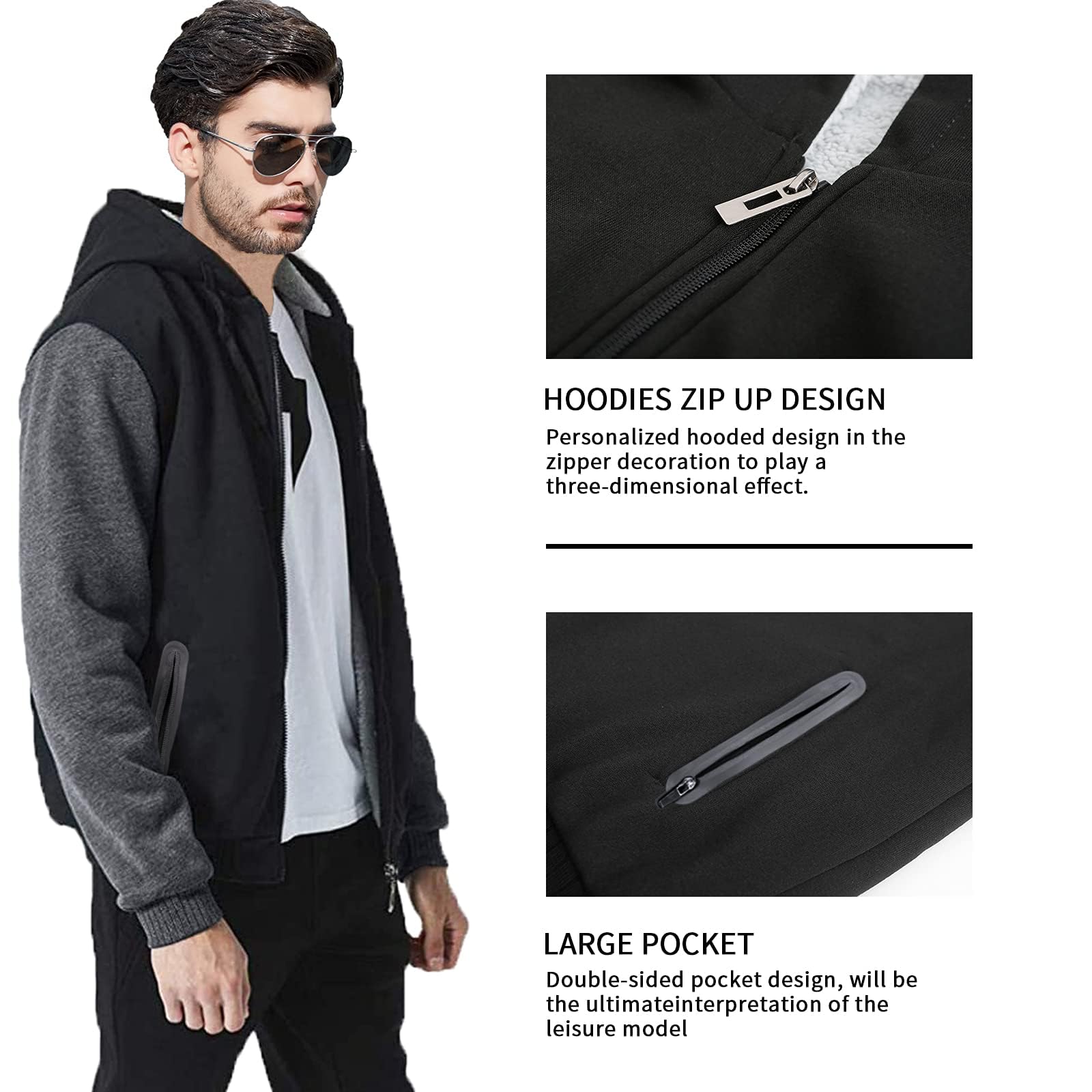 Little Beauty Mens Zip Up Hoodie Thick Fleece Lined Winter Heavyweight Hoodie Black Light Grey