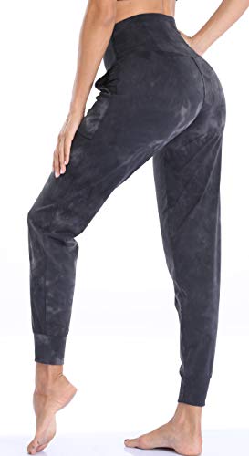 Oalka Women's Joggers High Waist Yoga Pockets Sweatpants Sport Workout Pants Tie Dye Black L