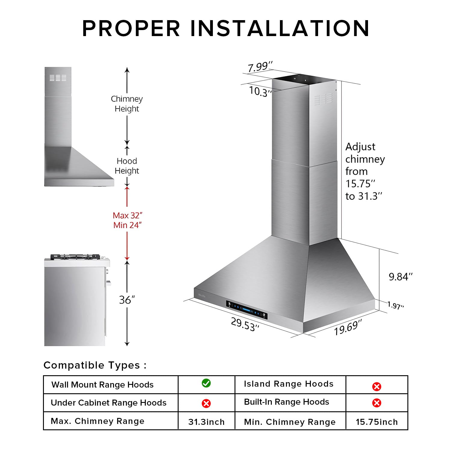 HisoHu Wall Mount Range Hood 30 Inch,Ductless/Ducted Convertible, 780 CFM Kitchen Vent Hood, Aluminum Mesh Filter,4 Speed Gesture Sensing&Touch Control Panel, Stainless Steel Kitchen Vent