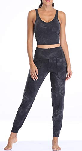Oalka Women's Joggers High Waist Yoga Pockets Sweatpants Sport Workout Pants Tie Dye Black L