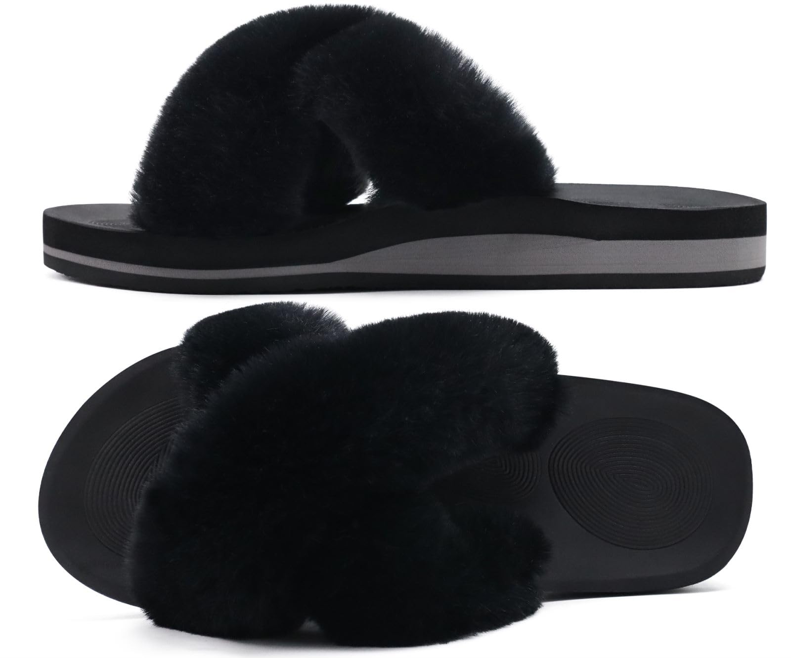COFACE Womens Fuzzy Slides Fluff Fax Fur Cross Slippers Open Toe Yoga Mat House Slippers Sandals With Arch Support For Indoor/Outdoor
