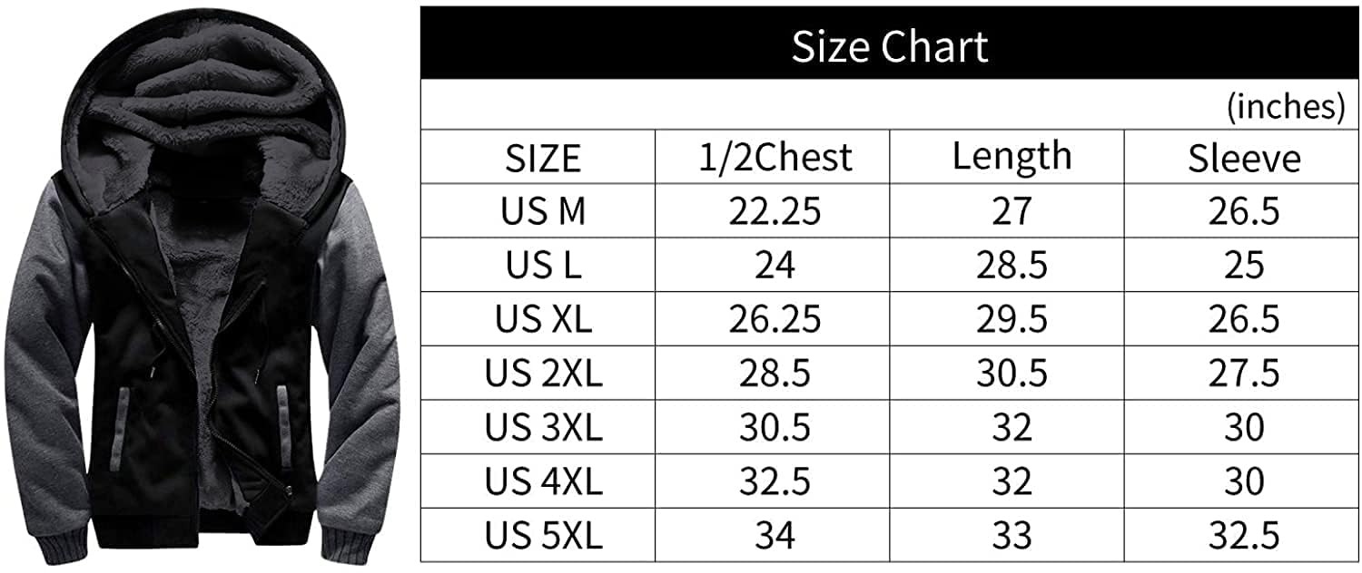 Little Beauty Mens Zip Up Hoodie Thick Fleece Lined Winter Heavyweight Hoodie Black Light Grey