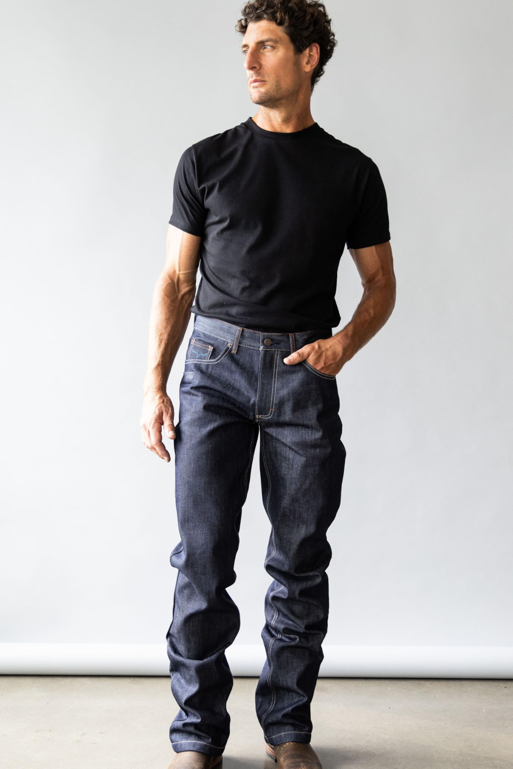 Kimes Ranch Men's Raw Dillon Mid-Low Rise Relaxed Upper Thigh Wide Bootcut Hand-Sanded Integrated Knife Pocket Jean 35W/34L Blue