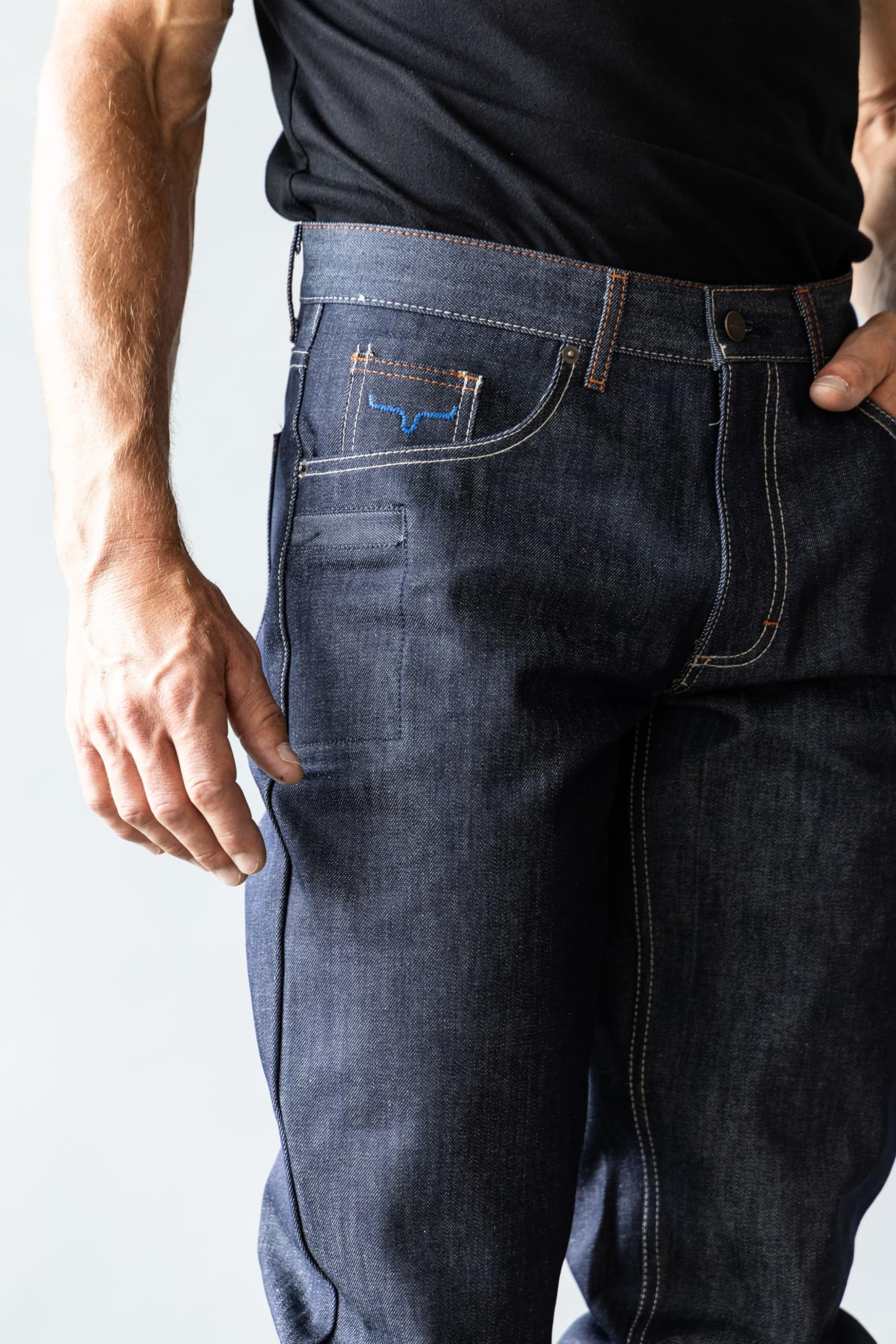 Kimes Ranch Men's Raw Dillon Mid-Low Rise Relaxed Upper Thigh Wide Bootcut Hand-Sanded Integrated Knife Pocket Jean 35W/34L Blue