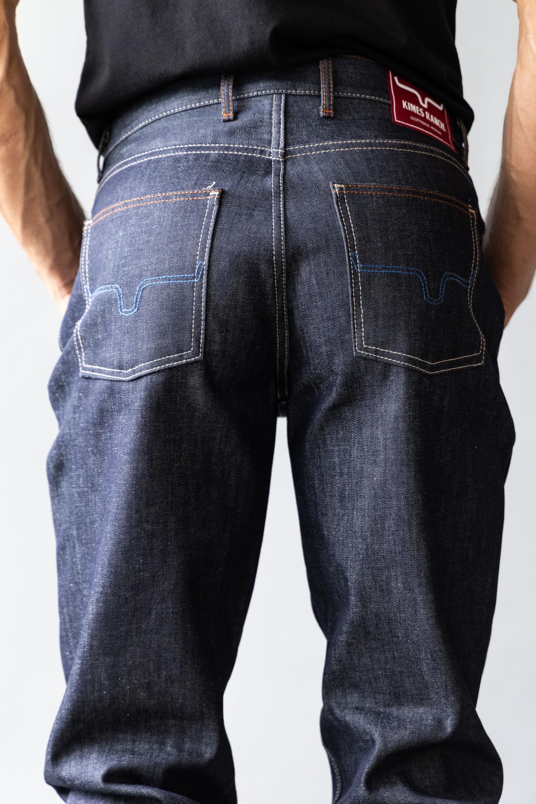 Kimes Ranch Men's Raw Dillon Mid-Low Rise Relaxed Upper Thigh Wide Bootcut Hand-Sanded Integrated Knife Pocket Jean 35W/34L Blue