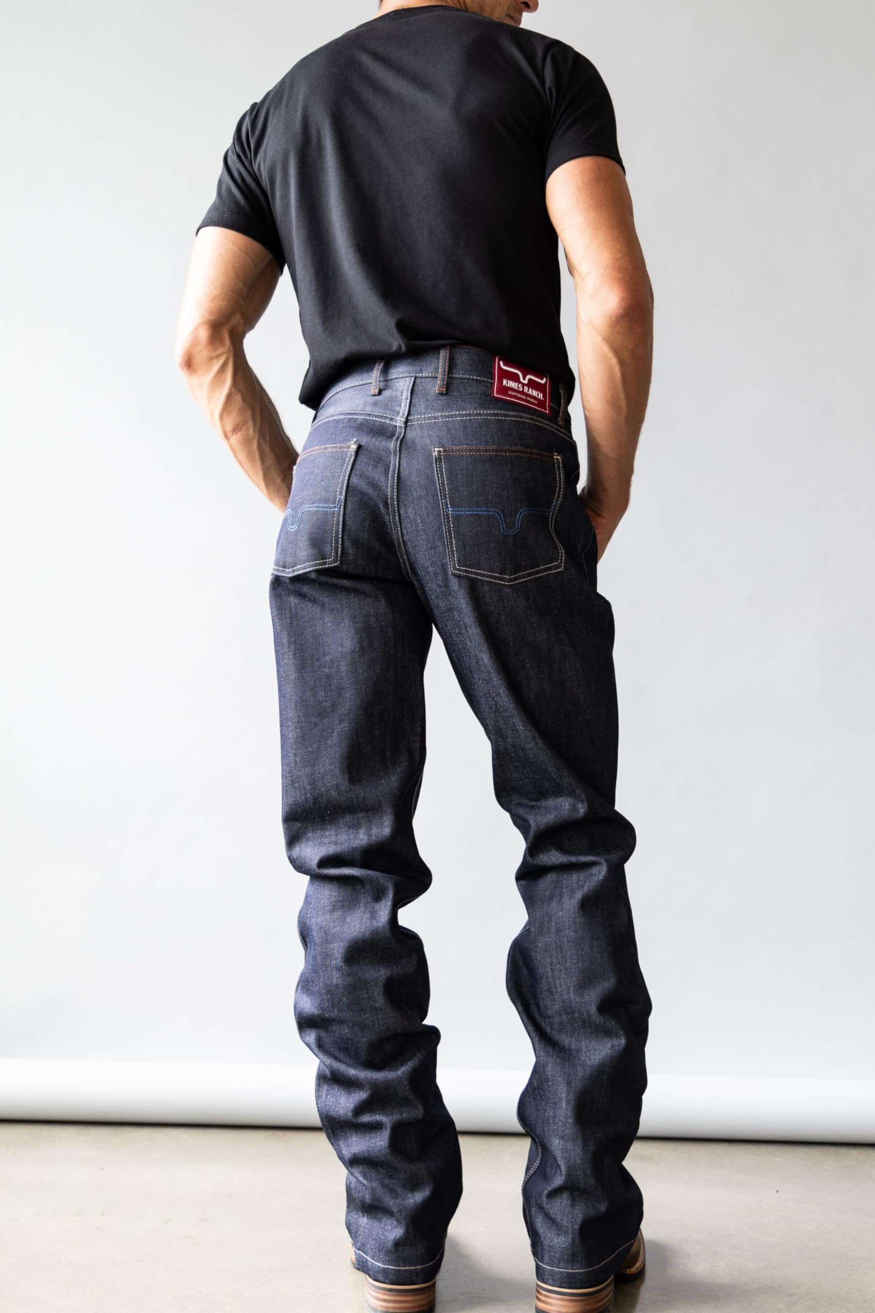 Kimes Ranch Men's Raw Dillon Mid-Low Rise Relaxed Upper Thigh Wide Bootcut Hand-Sanded Integrated Knife Pocket Jean 35W/34L Blue
