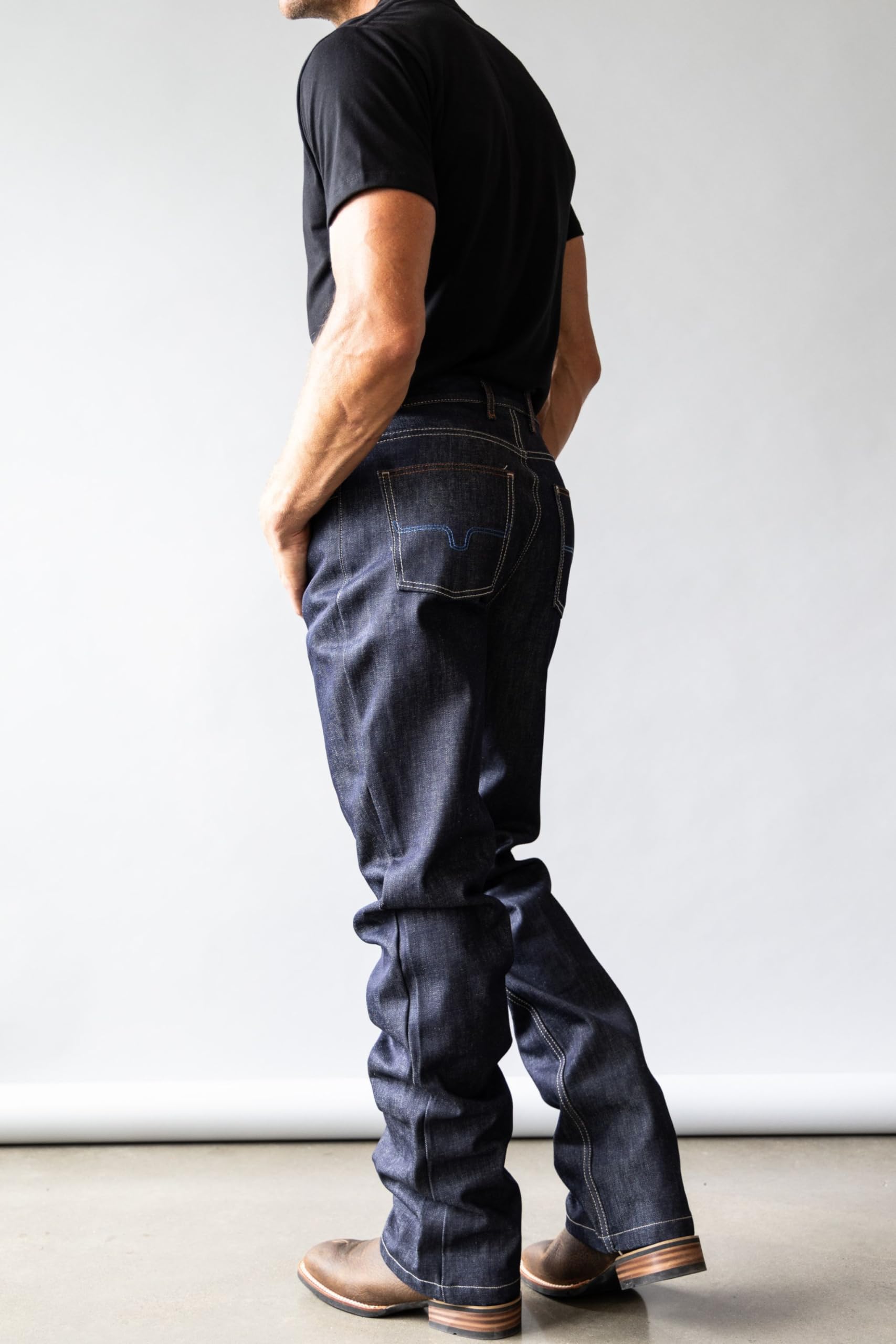 Kimes Ranch Men's Raw Dillon Mid-Low Rise Relaxed Upper Thigh Wide Bootcut Hand-Sanded Integrated Knife Pocket Jean 35W/34L Blue