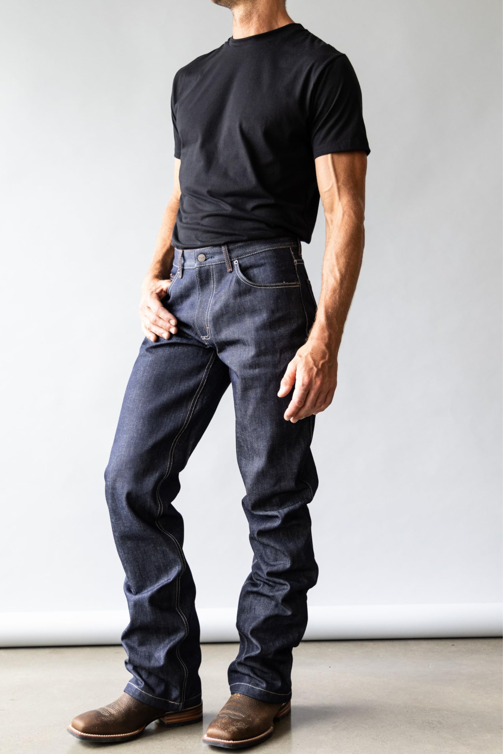 Kimes Ranch Men's Raw Dillon Mid-Low Rise Relaxed Upper Thigh Wide Bootcut Hand-Sanded Integrated Knife Pocket Jean 35W/34L Blue