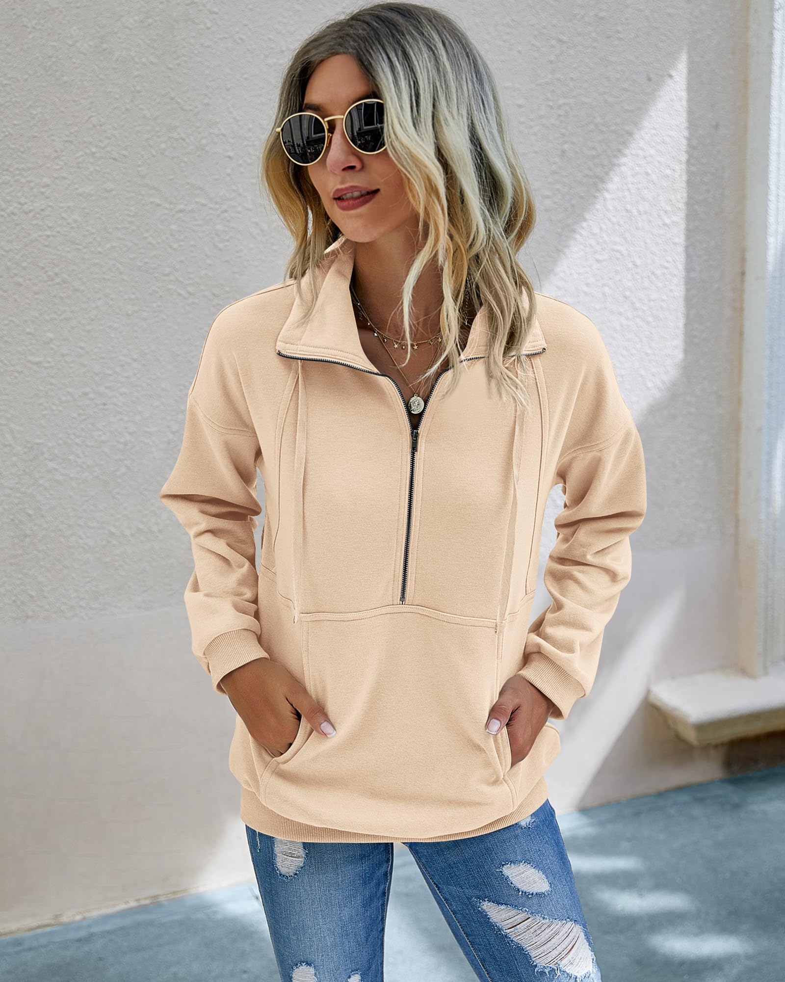 PRETTYGARDEN Women's Casual Long Sleeve Lapel Zipper Sweatshirt Drawstring Loose Pullover Tops (Apricot, Large)