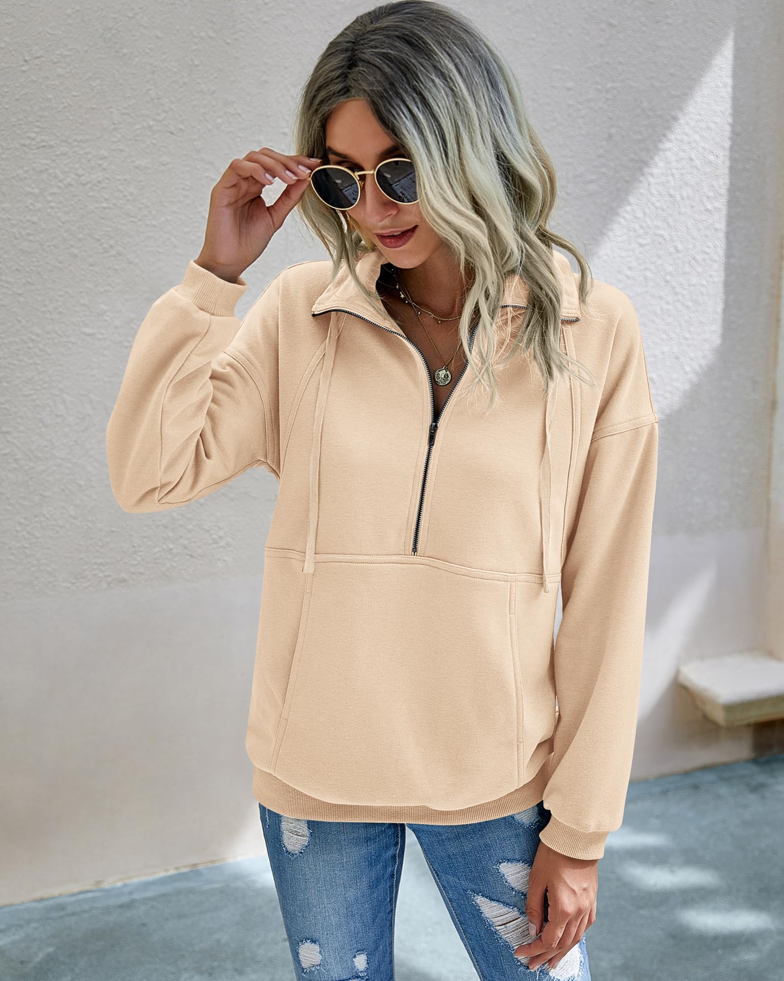 PRETTYGARDEN Women's Casual Long Sleeve Lapel Zipper Sweatshirt Drawstring Loose Pullover Tops (Apricot, Large)