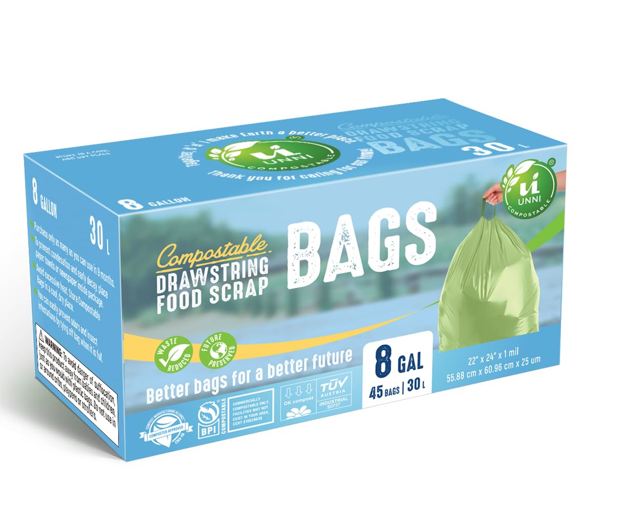 UNNI Compostable Drawstring Bags, 6-8 Gallon, 23-30 Liter, 45 Count, Heavy Duty 1 Mil, Medium Food Scrap Waste Bags, ASTM D6400, US BPI, CMA & Europe OK compost Certified, San Francisco