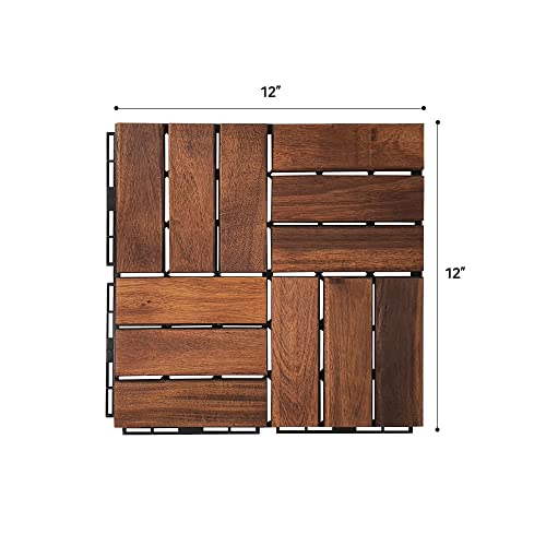Acacia Hardwood Interlocking Deck Tiles - Walnut Grid - 12"×12" 9pcs - Floor Tiles for Patio and Deck Use Natural Wood Outdoor Decking and Flooring, Rain and Weather Resistant, Heavy Duty