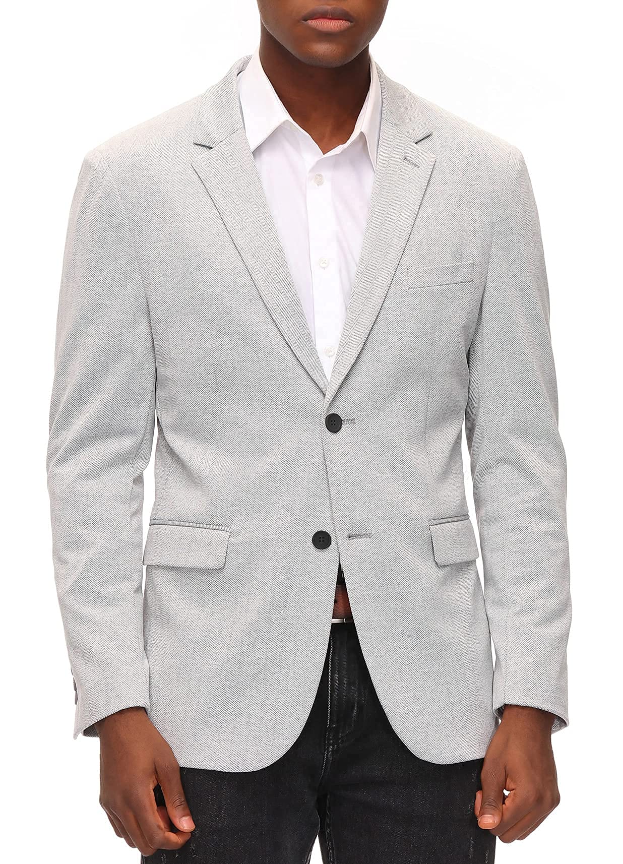 Men's 2 Button Herringbone Blazer Jacket Lightweight Casual Stretch Knit Sport Coat Light Grey L