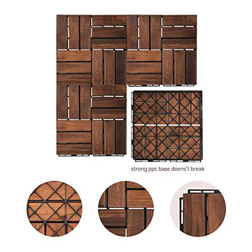 Acacia Hardwood Interlocking Deck Tiles - Walnut Grid - 12"×12" 9pcs - Floor Tiles for Patio and Deck Use Natural Wood Outdoor Decking and Flooring, Rain and Weather Resistant, Heavy Duty