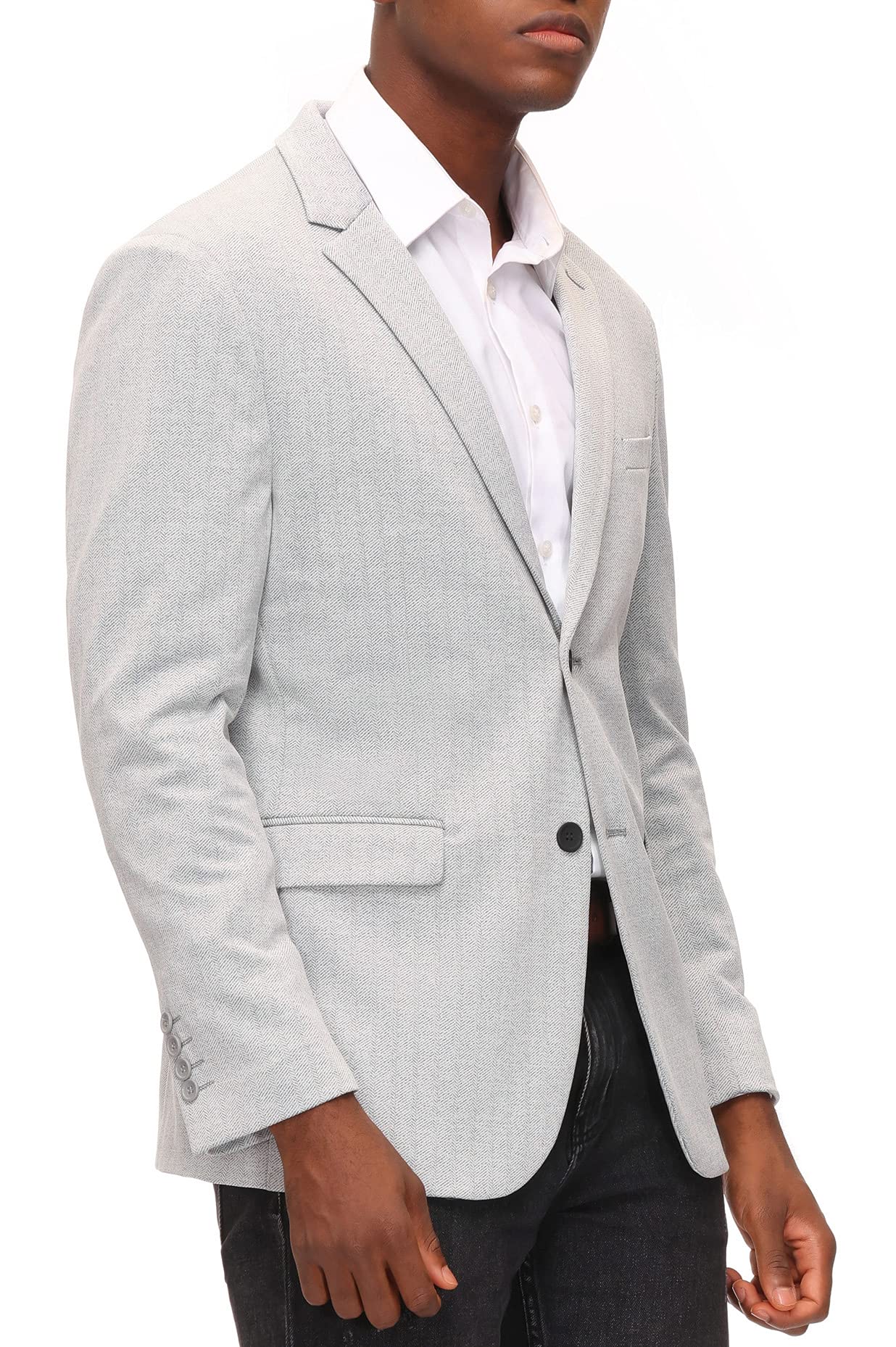 Men's 2 Button Herringbone Blazer Jacket Lightweight Casual Stretch Knit Sport Coat Light Grey L