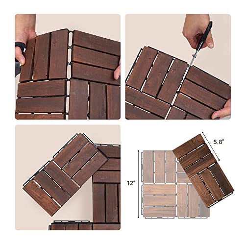 Acacia Hardwood Interlocking Deck Tiles - Walnut Grid - 12"×12" 9pcs - Floor Tiles for Patio and Deck Use Natural Wood Outdoor Decking and Flooring, Rain and Weather Resistant, Heavy Duty