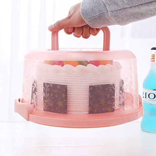 Hemoton Pink Round Cake Box Carrier Plastic Muffin Pie Carrying Box Bakery Dessert Container Holder with Handle Snap Cake Box Keeper 25X25X13CM