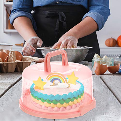 Hemoton Pink Round Cake Box Carrier Plastic Muffin Pie Carrying Box Bakery Dessert Container Holder with Handle Snap Cake Box Keeper 25X25X13CM