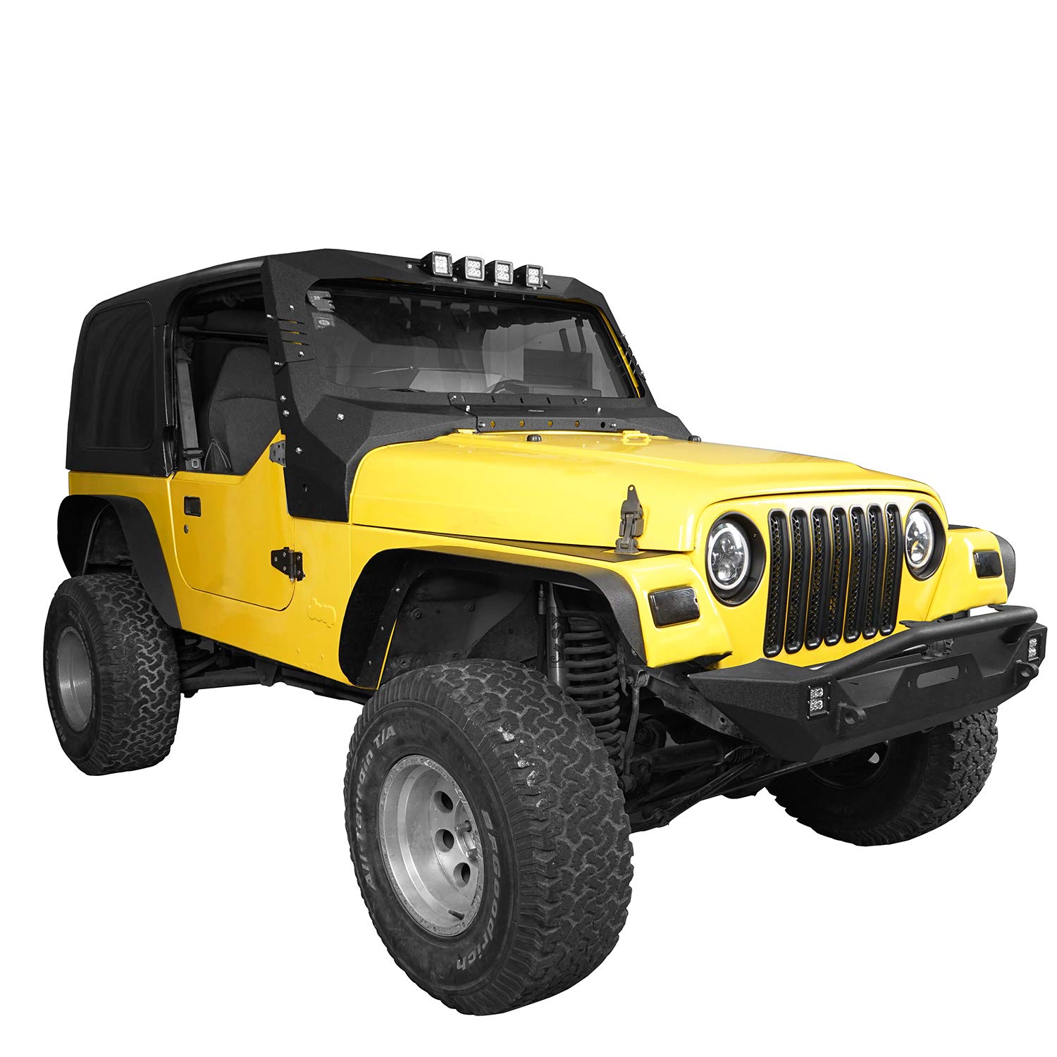 Hooke Road TJ Windshield Frame Cover Roof Sun Visor Cowl Body Armor w/LED Lights for Jeep Wrangler TJ 1997 1998 1999 2000 2001 2002 2003 2004 2005 2006