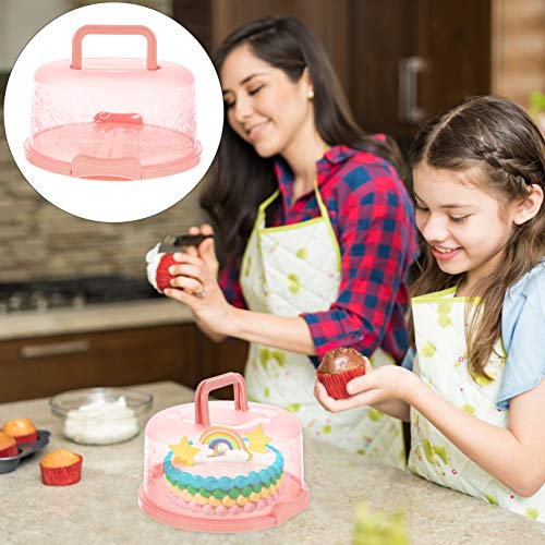 Hemoton Pink Round Cake Box Carrier Plastic Muffin Pie Carrying Box Bakery Dessert Container Holder with Handle Snap Cake Box Keeper 25X25X13CM