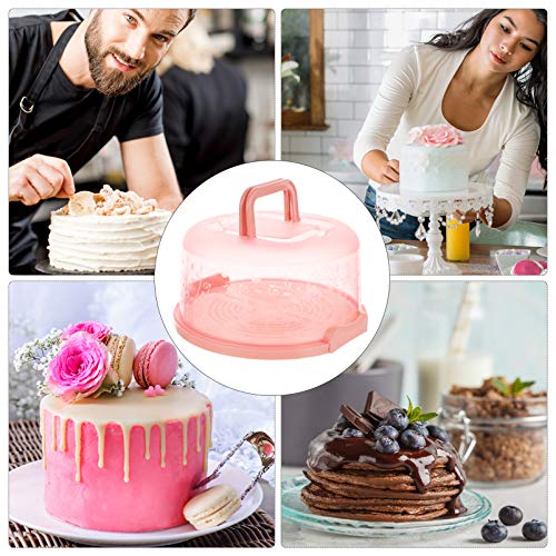 Hemoton Pink Round Cake Box Carrier Plastic Muffin Pie Carrying Box Bakery Dessert Container Holder with Handle Snap Cake Box Keeper 25X25X13CM