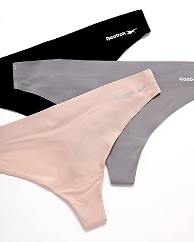 Reebok Women's Thong Underwear - 3 Pack or 6 Pack Performance Stretch Sexy Seamless Thong Panties for Women (Sizes: S-XL), Size X-Large, Black/Rose Dust/Grey - 3pk
