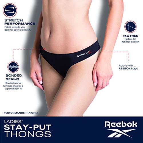Reebok Women's Thong Underwear - 3 Pack or 6 Pack Performance Stretch Sexy Seamless Thong Panties for Women (Sizes: S-XL), Size X-Large, Black/Rose Dust/Grey - 3pk