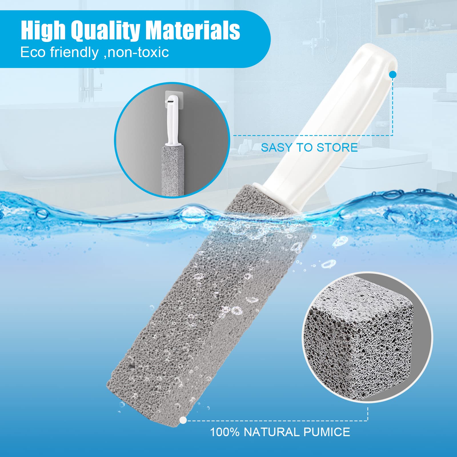Pumice Stone Toilet Bowl Cleaner with Handle - Pumice Stone for Toilet Cleaning - Stain Remover - Also Cleans Limescale, Hard Water Rings, Tiles, Iron and Rust, Household Cleaning 4 Pack