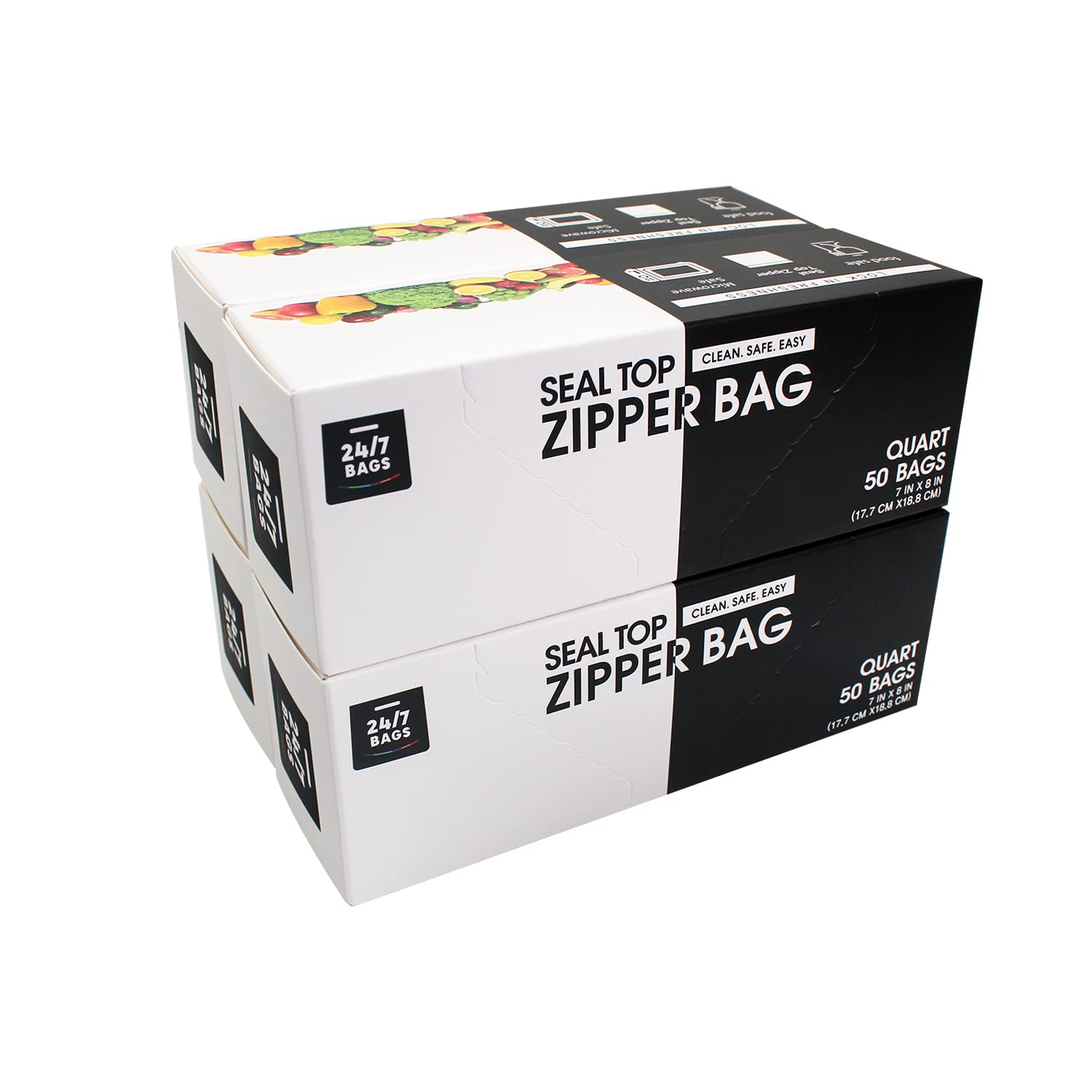 24/7 Bags- Quart Zip Storage Bags, 200 Count, Double Zipper Seal, Easy Grip Open Tabs, Write-On Space, BPA-Free & Heavy Duty, Microwave Safe, Non-StandUp