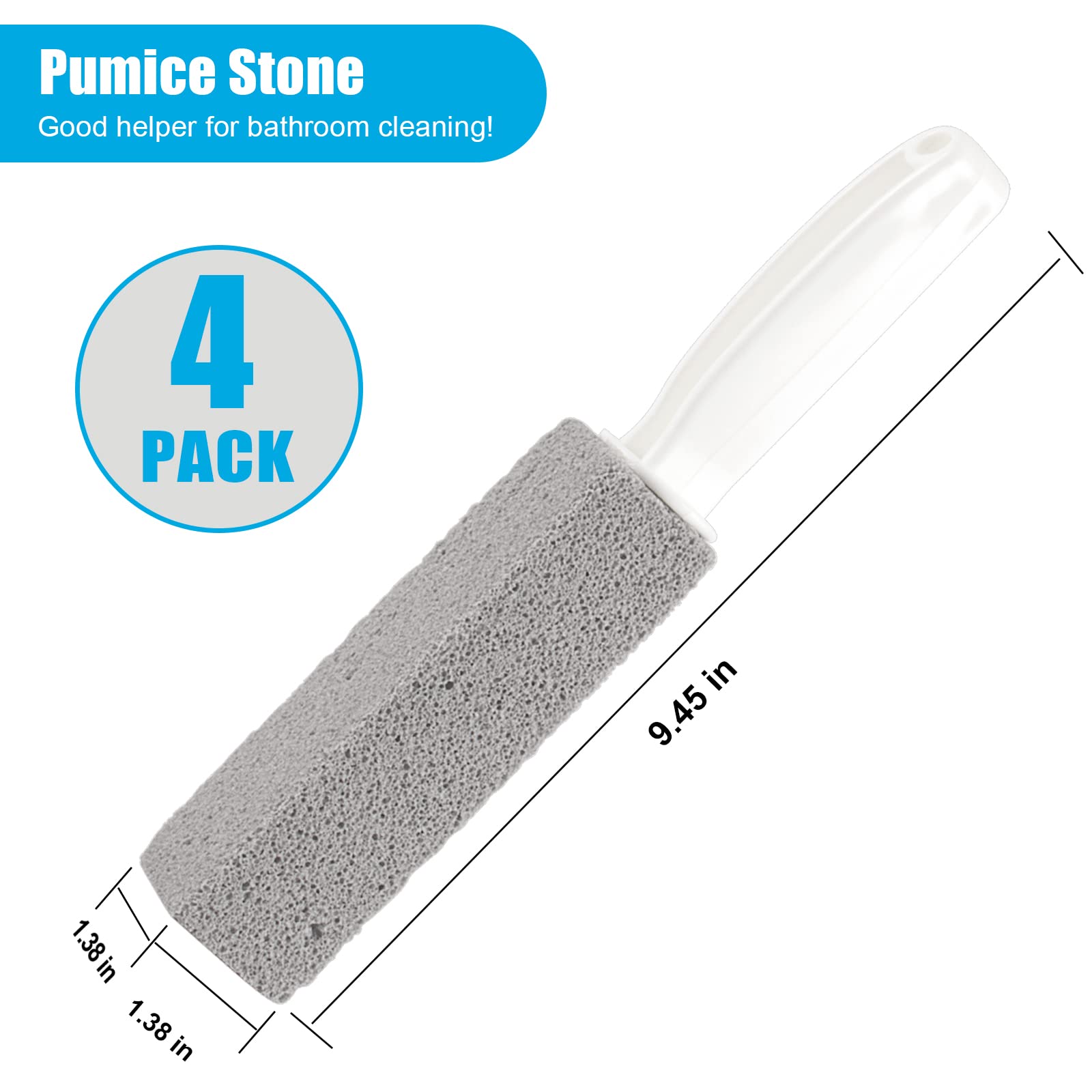 Pumice Stone Toilet Bowl Cleaner with Handle - Pumice Stone for Toilet Cleaning - Stain Remover - Also Cleans Limescale, Hard Water Rings, Tiles, Iron and Rust, Household Cleaning 4 Pack