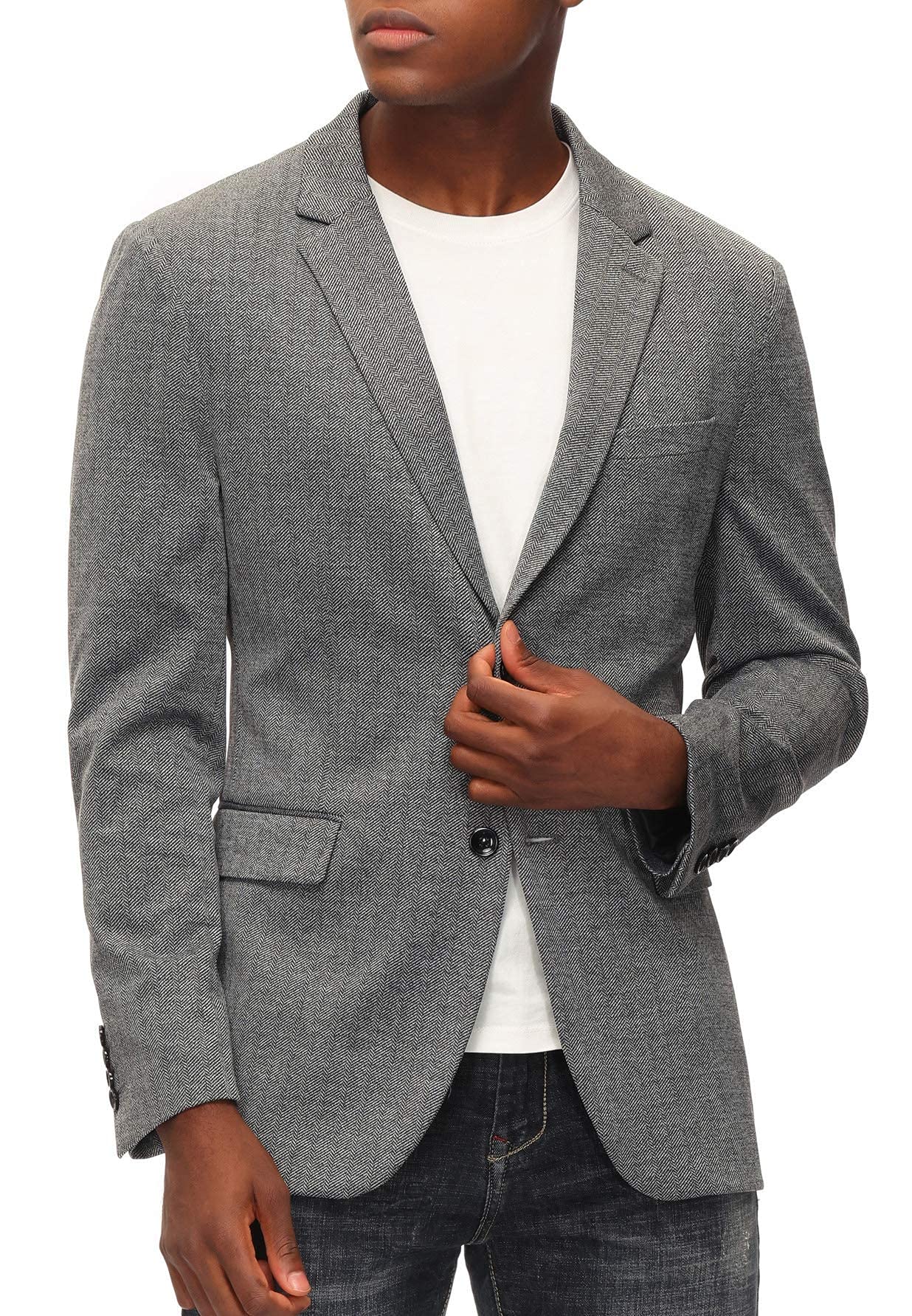Men's Casual Blazer Slim Fit 2 Button Herringbone Suit Jackets Lightweight Knit Sport Coat Black XL