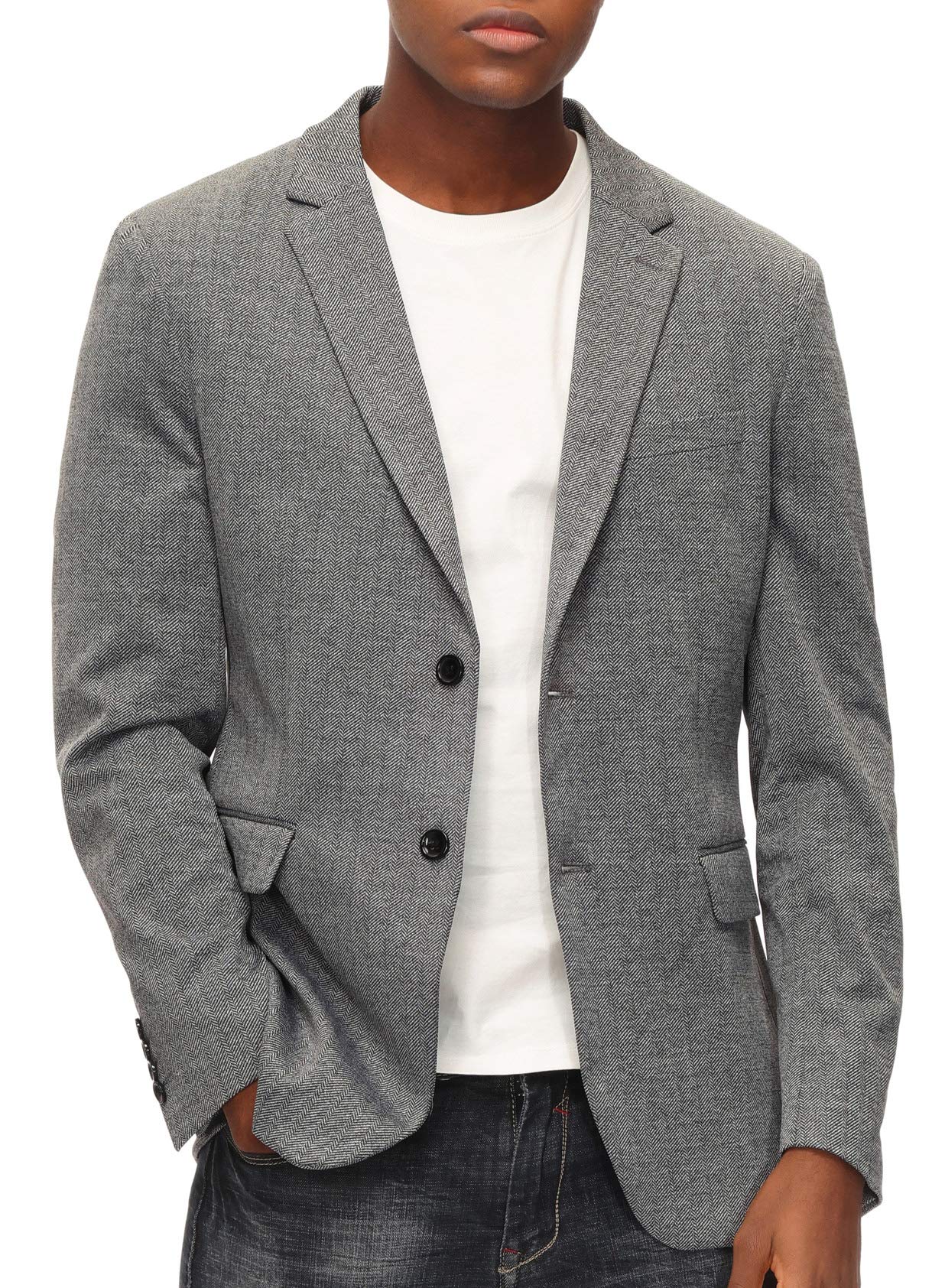Men's Casual Blazer Slim Fit 2 Button Herringbone Suit Jackets Lightweight Knit Sport Coat Black XL